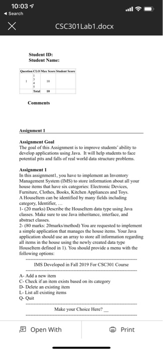 Solved 10:03 Search CSC301 Lab1.docx Student ID Student | Chegg.com