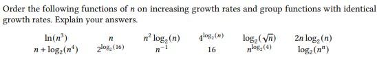 Solved Order the following functions of n on increasing | Chegg.com