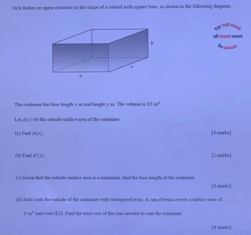 Solved Jack makes an open container in the shape of a cuboid | Chegg.com