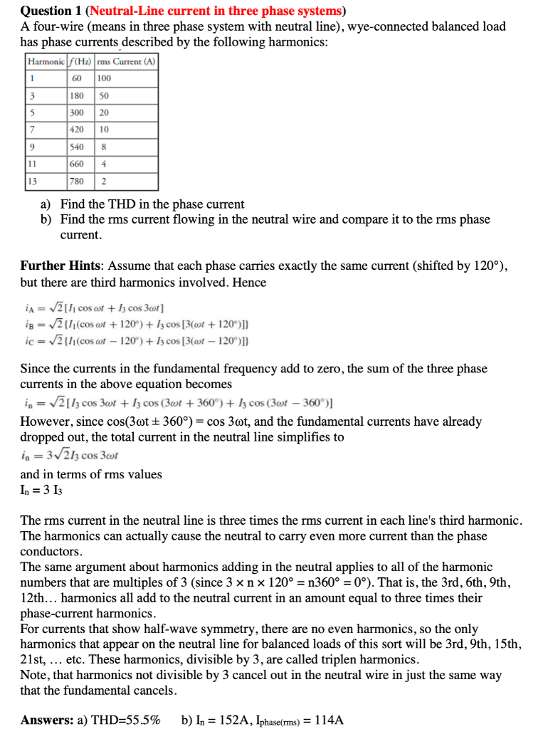 Solved Question 1 (Neutral-Line current in three phase | Chegg.com
