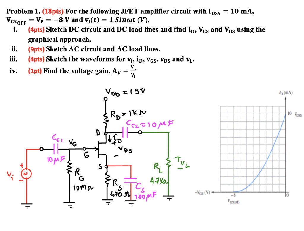 Solved = Problem 1. (18pts) For the following JFET amplifier | Chegg.com