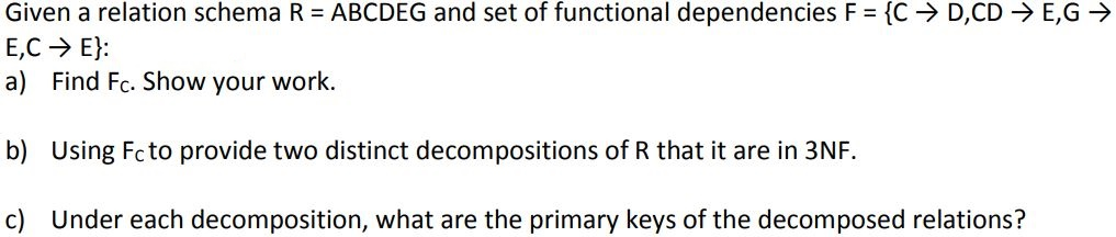 Solved Given a relation schema R = ABCDEG and set of | Chegg.com