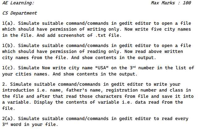 Solved AE Learning: Max Marks : 100 CS Department 1(a). | Chegg.com