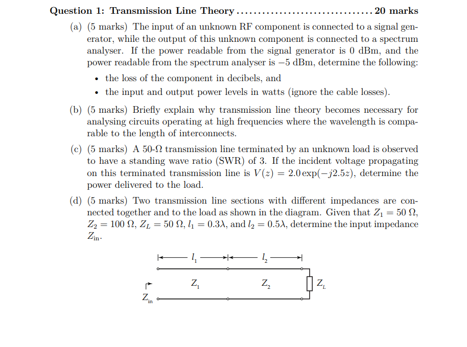Solved Question 1: Transmission Line Theory.. ....20 marks | Chegg.com