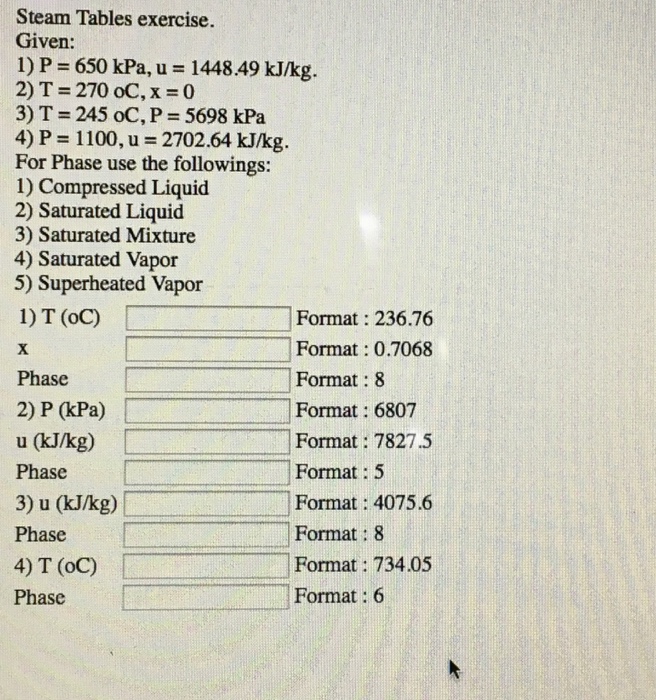 Solved Steam Tables exercise. Given: 1) P = 650 kPa, u = | Chegg.com