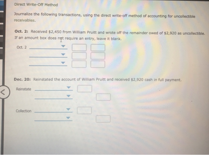Solved Direct Write-Off Method Journalize the following | Chegg.com