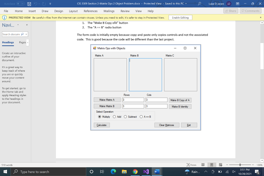 Solved CIS 3309 Section 2 Lab: Matrix Ops 2 Object | Chegg.com