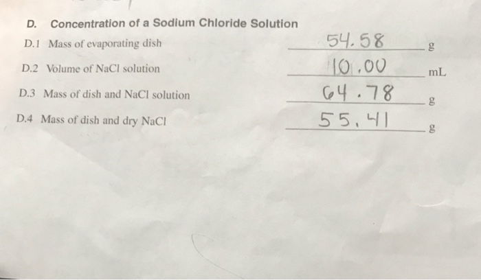 Solved D. Concentration of a Sodium Chloride Solution D.1 | Chegg.com