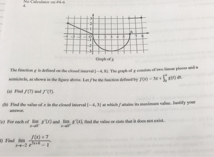 Solved No Calculator on #4-6 4. 6 3 -2-10 Graph of g The | Chegg.com