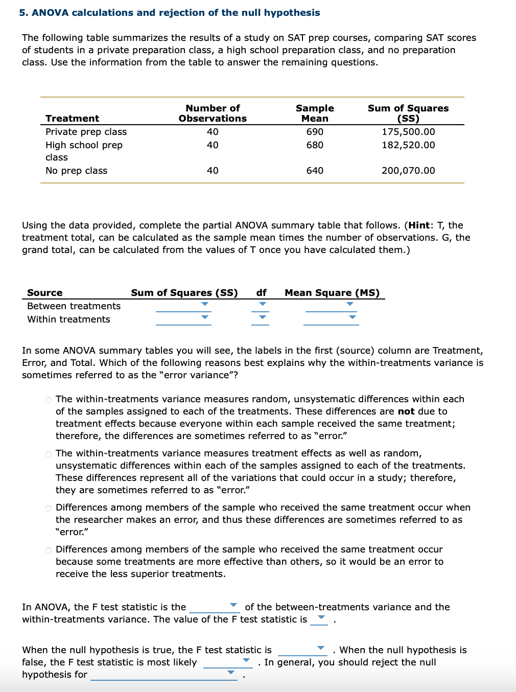 Solved 5. ANOVA calculations and rejection of the null | Chegg.com