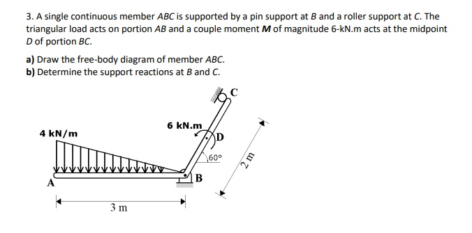 Solved 3. A single continuous member ABC is supported by a | Chegg.com