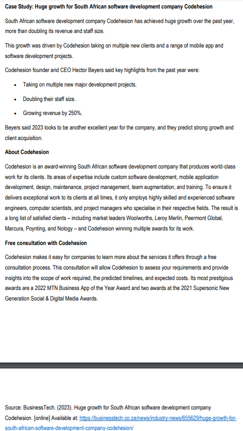 Solved Case Study: Huge growth for South African software | Chegg.com