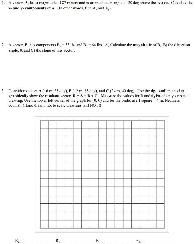 Solved 1. A vector, A, has a magnitude of 87 meters and is | Chegg.com