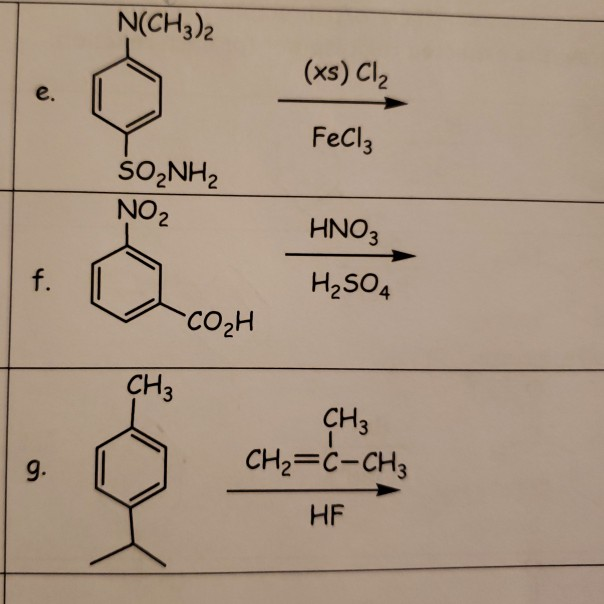 Solved NCH3)2 (xs) cl2 e. FeCl3 SO2NH2 NO2 HNO3 H2504 f. | Chegg.com