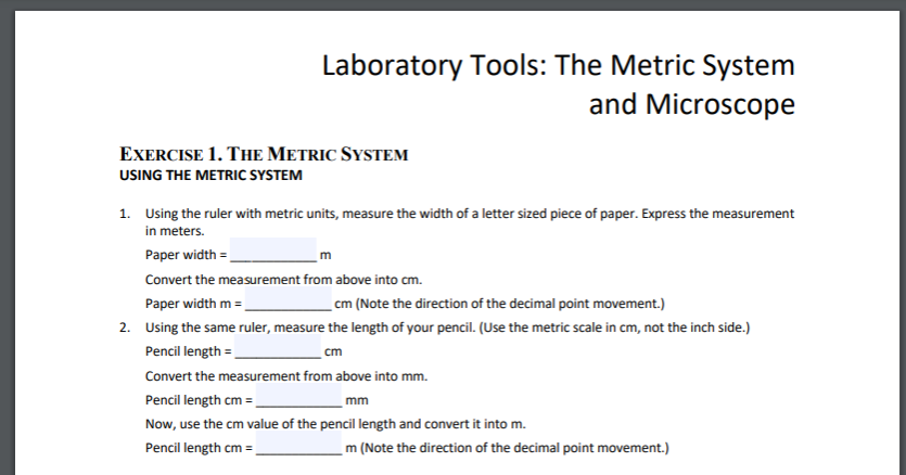 Solved Laboratory Tools: The Metric System and Microscope m | Chegg.com