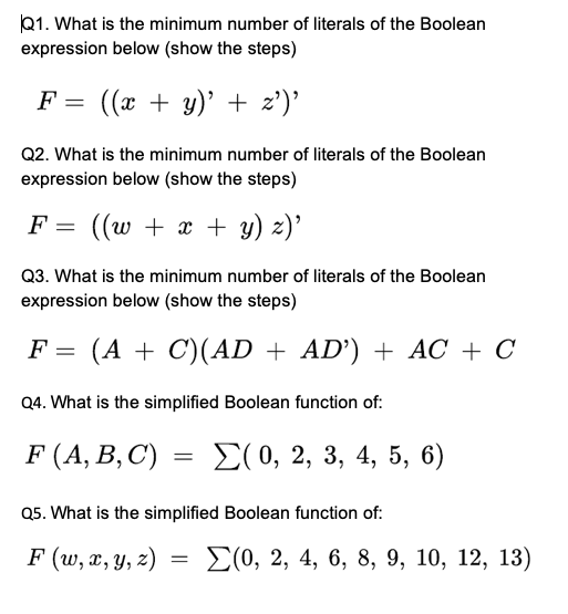 Solved Q1. What is the minimum number of literals of the | Chegg.com