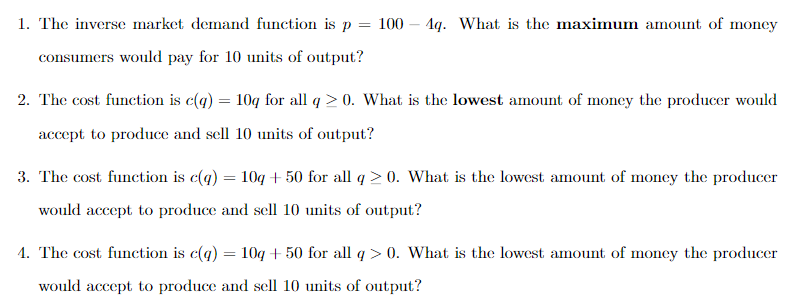 Solved 1. The inverse market demand function is p = 100 – | Chegg.com