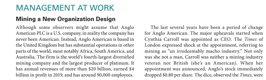Solved MANAGEMENT AT WORK Mining a New Organization Design | Chegg.com