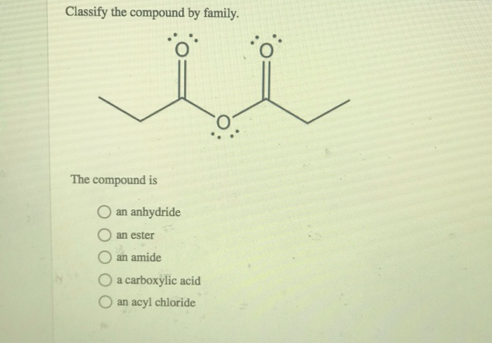 Solved Classify the compound by family. The compound is an | Chegg.com