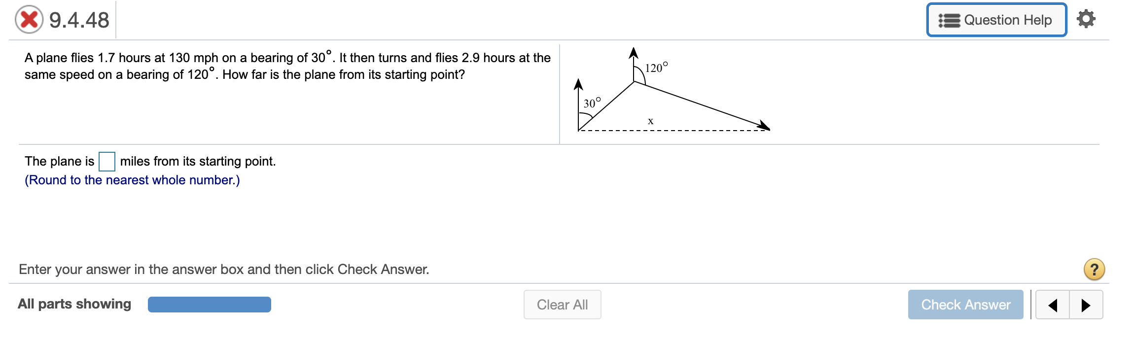 Solved X 9.4.48 Question Help A plane flies 1.7 hours at 130 | Chegg.com