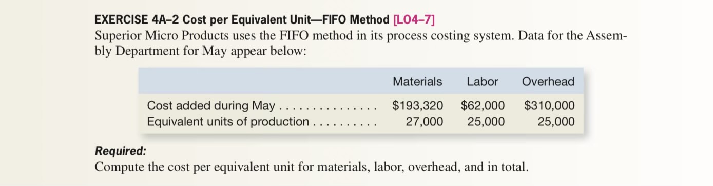 Solved EXERCISE 4A-2 Cost per Equivalent Unit-FIFO Method | Chegg.com