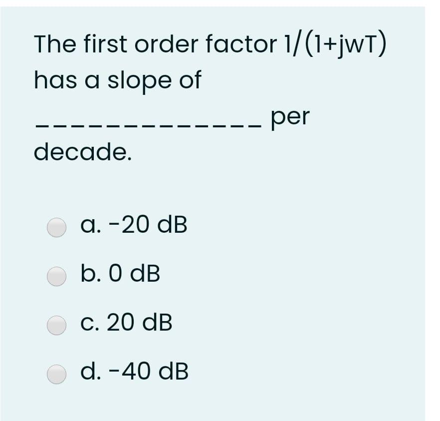 Solved The first order factor 1/(1+jwT) has a slope of per | Chegg.com