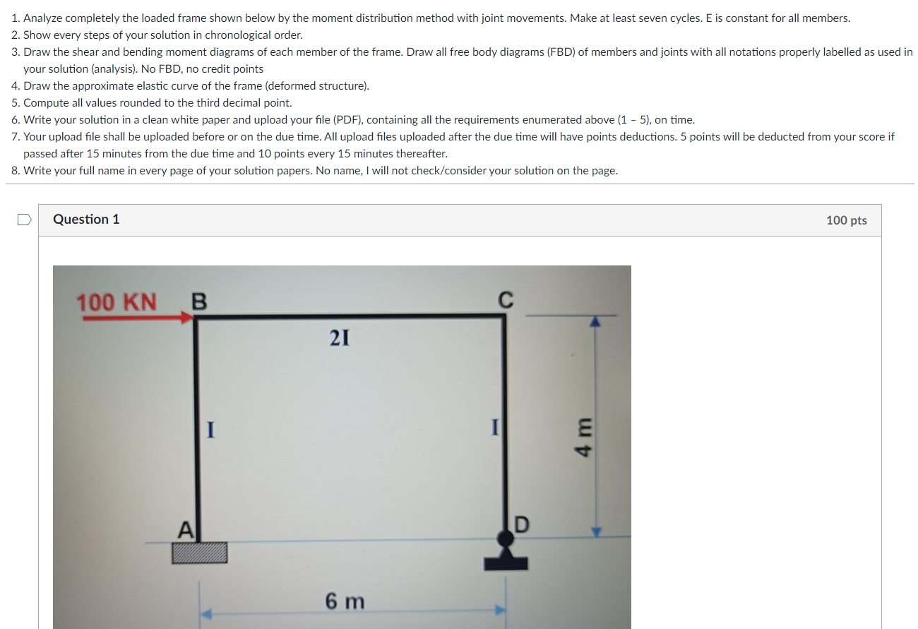 Solved 1. Analyze completely the loaded frame shown below by | Chegg.com