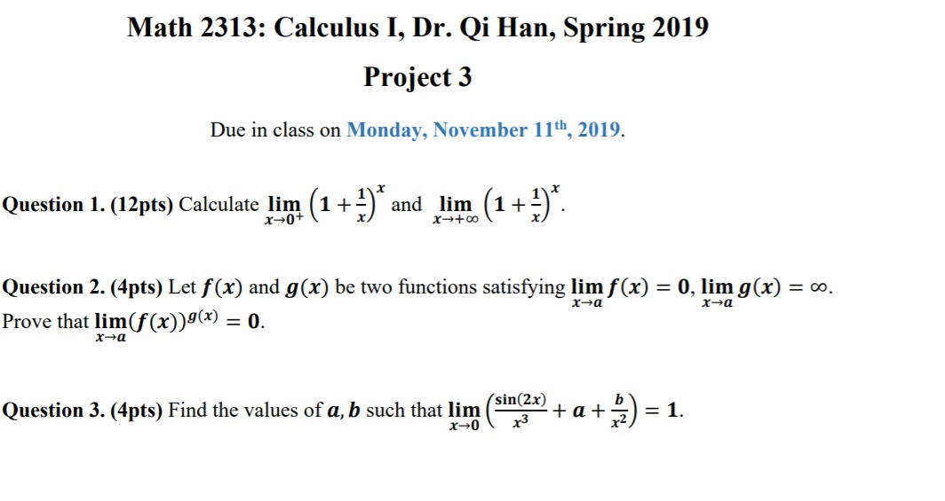 Solved Math 2313: Calculus I, Dr. Qi Han, Spring 2019 | Chegg.com