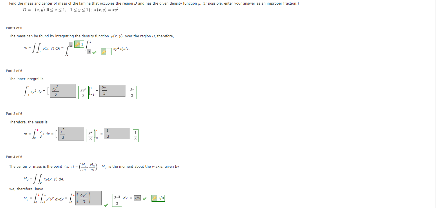 Solved D={(x,y)∣0≤x≤1,−1≤y≤1};ρ(x,y)=xy2 Part 1 of 6 The | Chegg.com