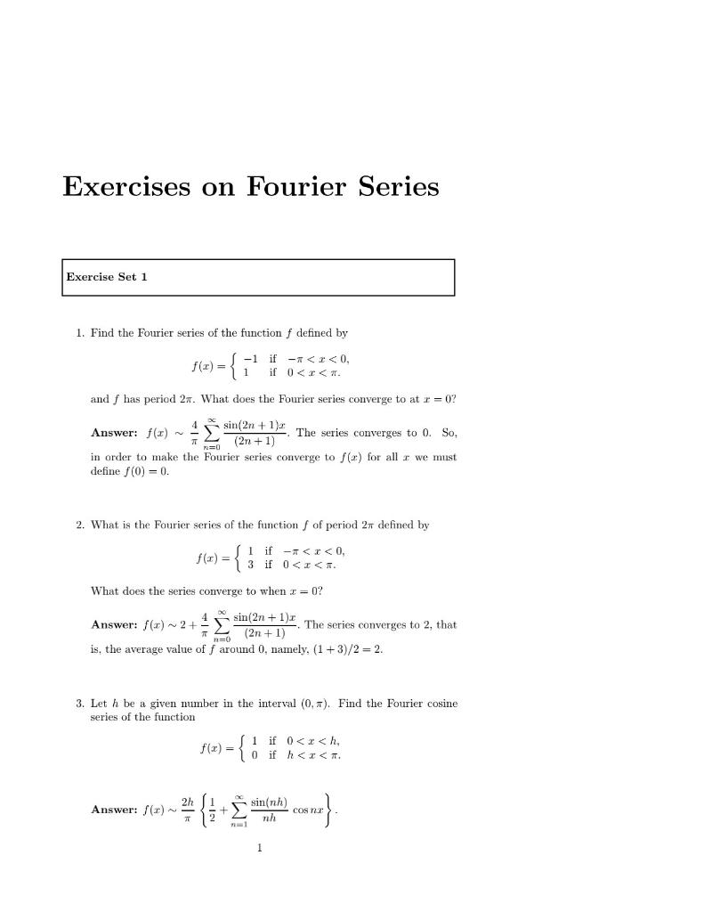 Solved Exercises on Fourier Series 1. Find the Fourier | Chegg.com