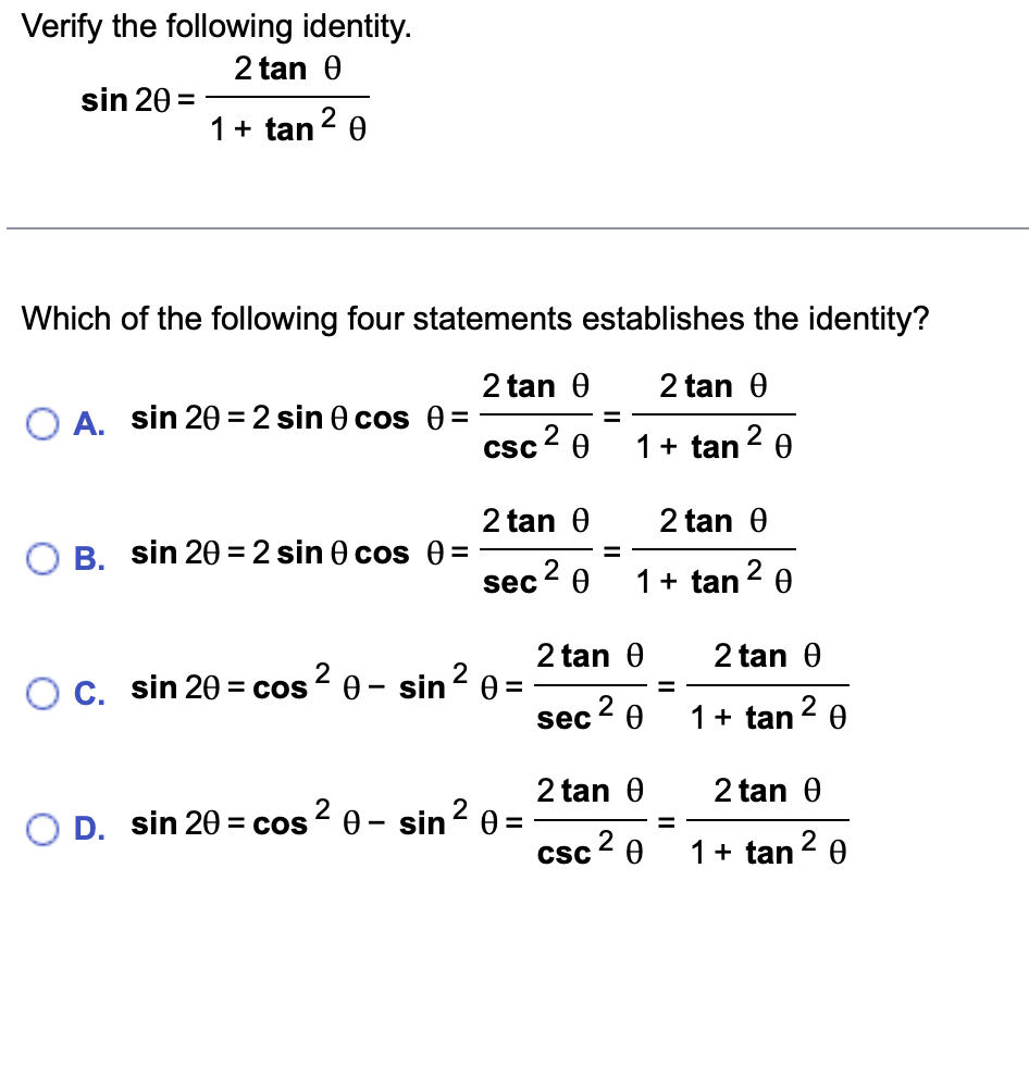 Solved Verify the following identity. sin2θ=1+tan2θ2tanθ | Chegg.com