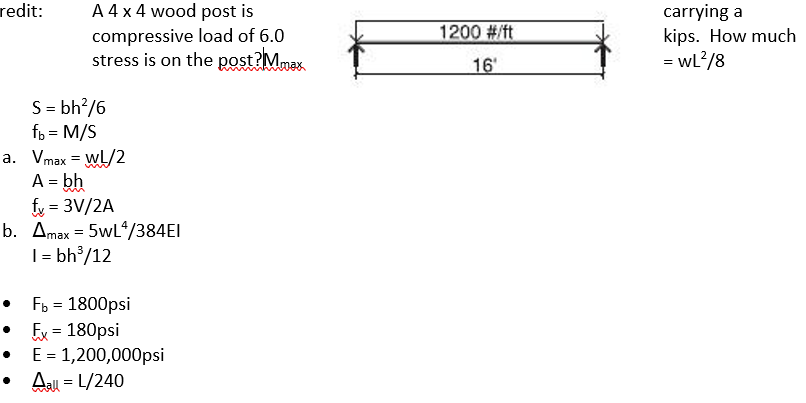 Solved redit: A 4x4 wood post is compressive load of 6.0 | Chegg.com