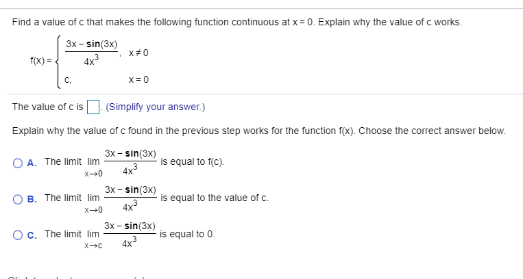 Solved Find a value of c that makes the following function | Chegg.com