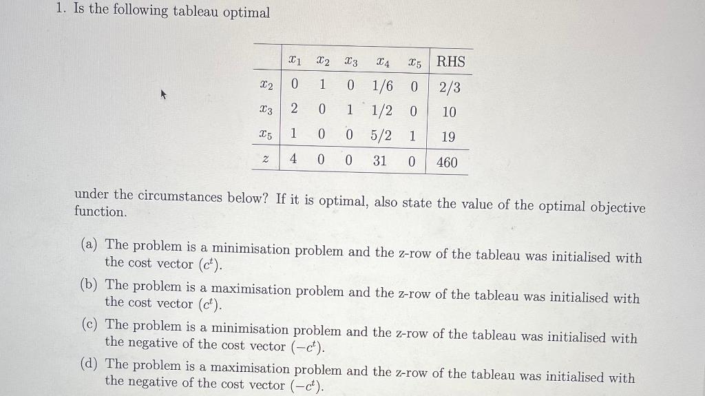 Solved 1. Is the following tableau optimal under the | Chegg.com