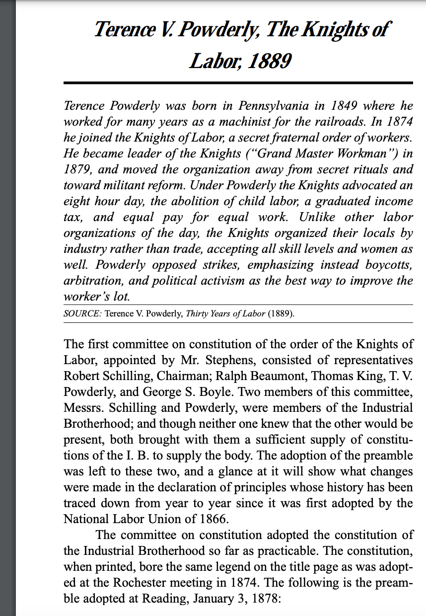 Solved Terence V. Powderly, The Knights of Labor; 1889 | Chegg.com
