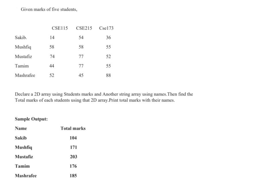 Solved Declare a 2D array using Students marks and Another | Chegg.com