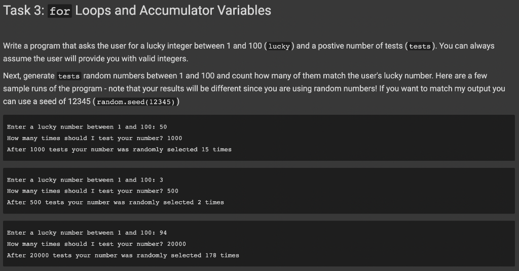 Solved Task 3: for Loops and Accumulator Variables Write a | Chegg.com
