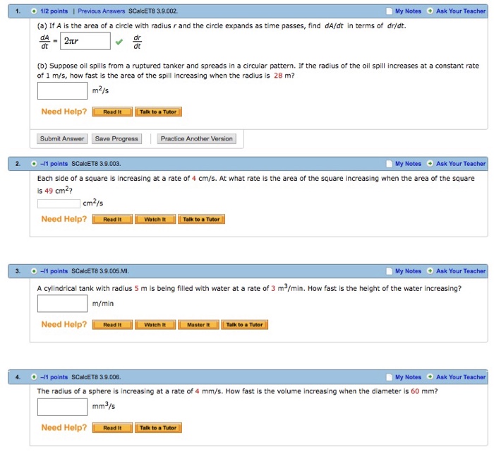 Solved 1. 1/2 points | Previous Answers SCalcET8 3.9.002. My | Chegg.com