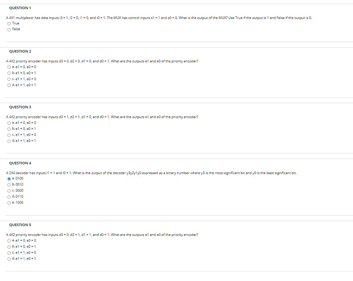 Solved QUESTION 1 A 4X1 multiplexor has data inputs i3 = 1, | Chegg.com