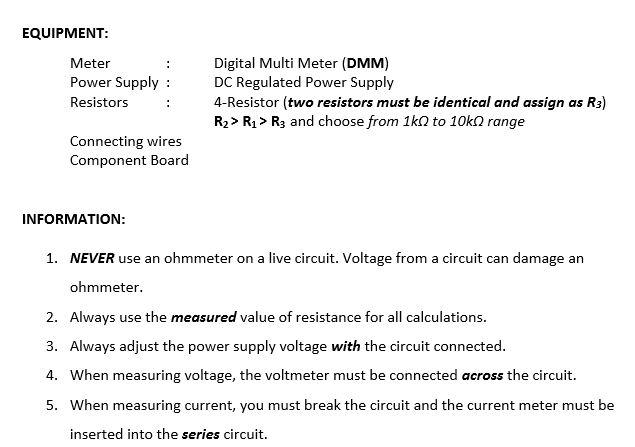 Solved EQUIPMENT: Meter Power Supply : Resistors Digital | Chegg.com