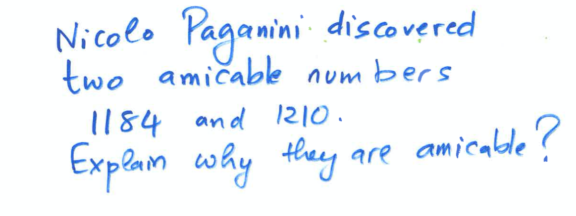 Solved Nicolo Paganini discovered two amicable numbers 1184 | Chegg.com