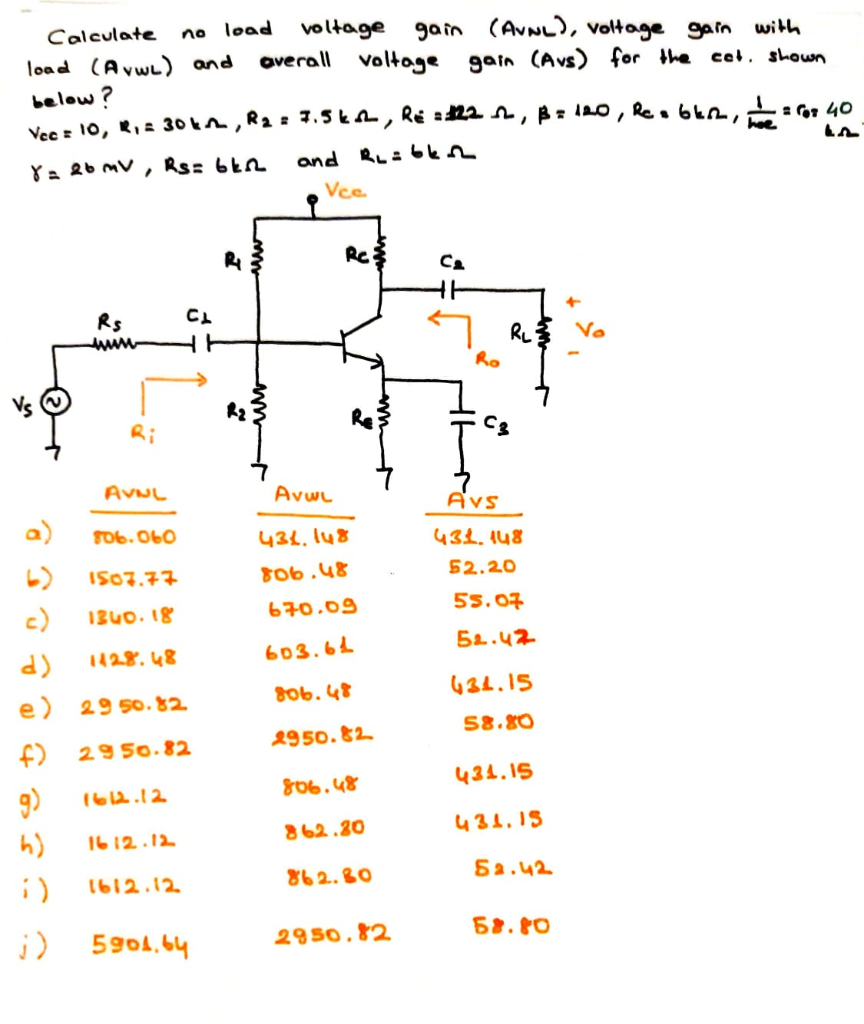 Solved Calculate no load voltage gain (Aval), voltage gain | Chegg.com