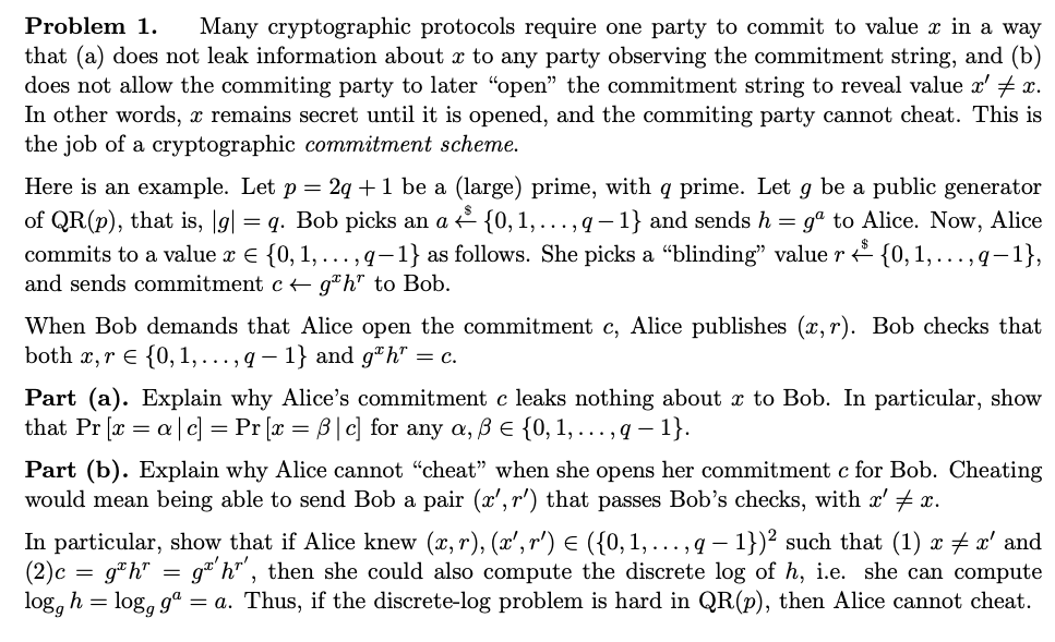 Problem 1. Many cryptographic protocols require one | Chegg.com