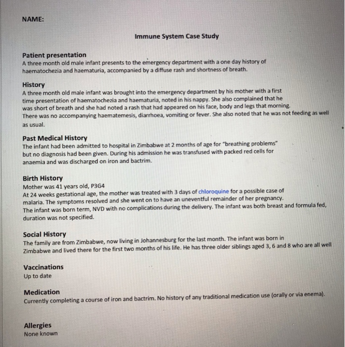 Solved NAME: Immune System Case Study Patient presentation A | Chegg.com