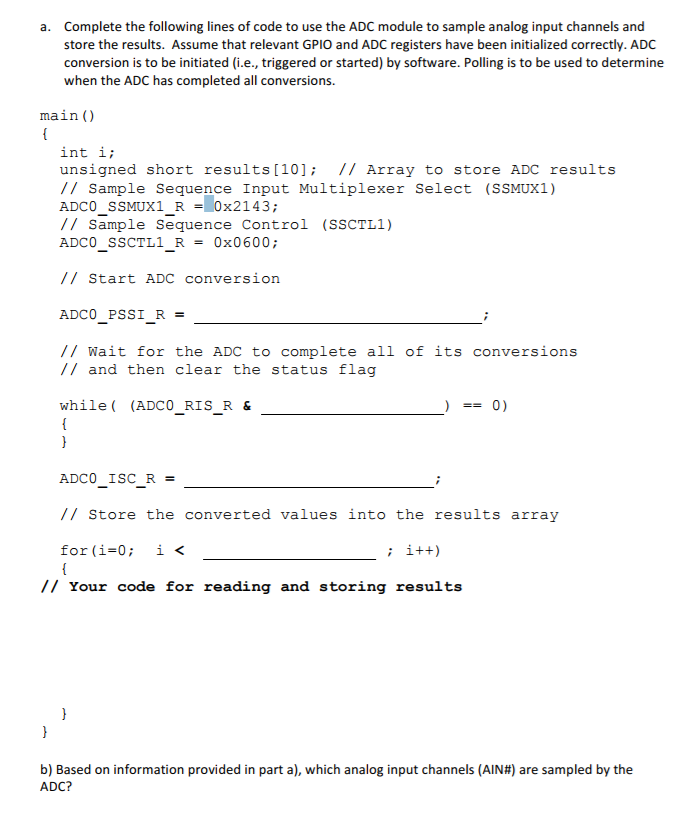 Complete the following lines of code to use the ADC | Chegg.com