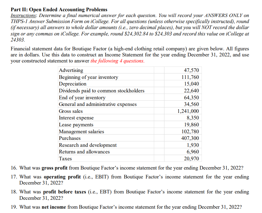 Solved Part II: Open Ended Accounting Problems Instructions: | Chegg.com