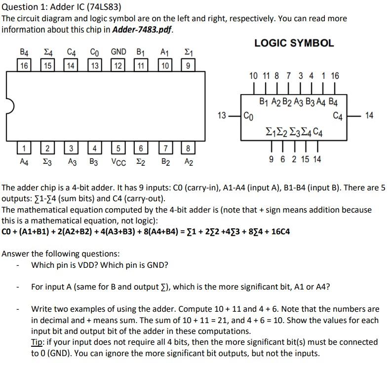 Solved Question 1: Adder IC (74LS83) The circuit diagram and | Chegg.com