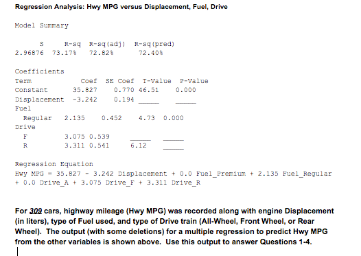 Regression Analysis: Hwy MPG versus Displacement, | Chegg.com