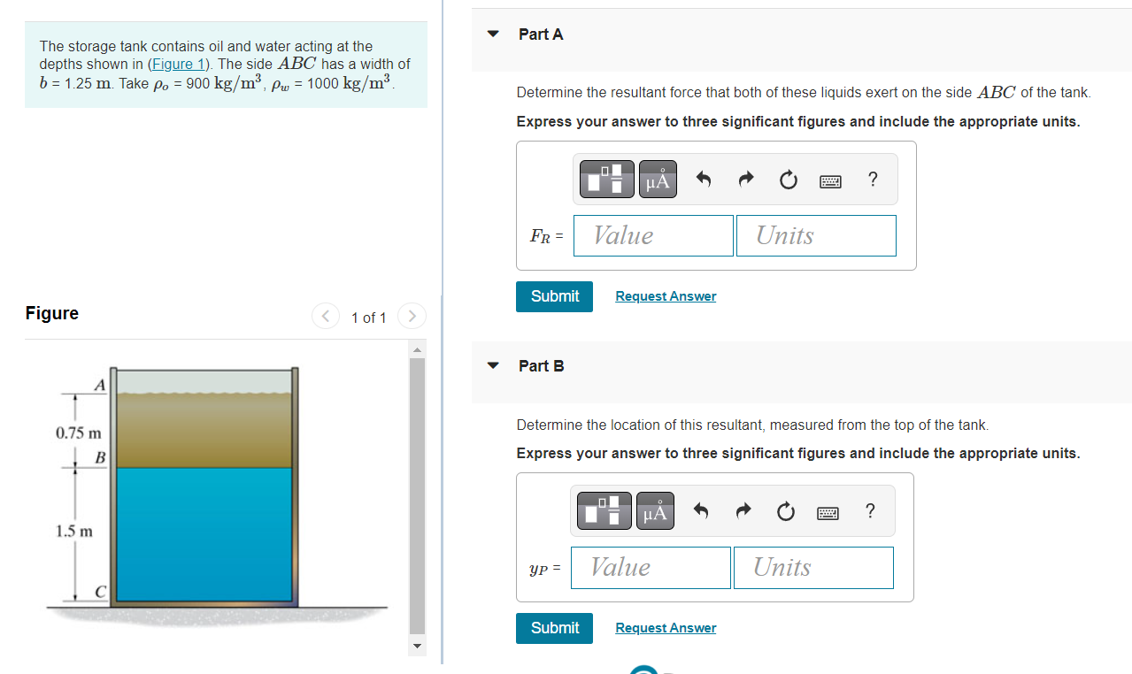 Solved The storage tank contains oil and water acting at the | Chegg.com