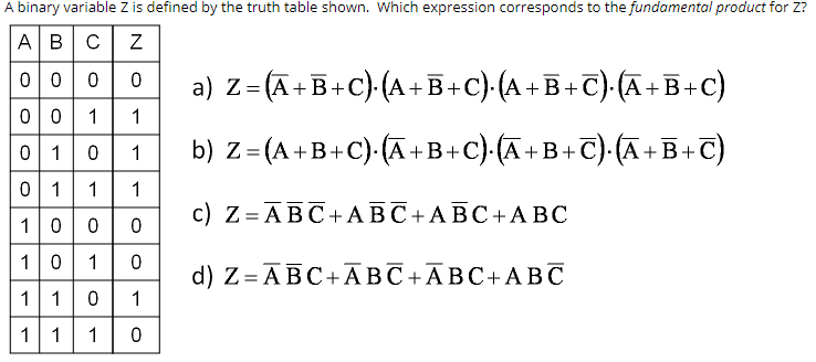 Solved A binary variable Z is defined by the truth table | Chegg.com